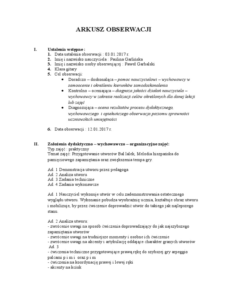 Arkusz Obserwacji | PDF