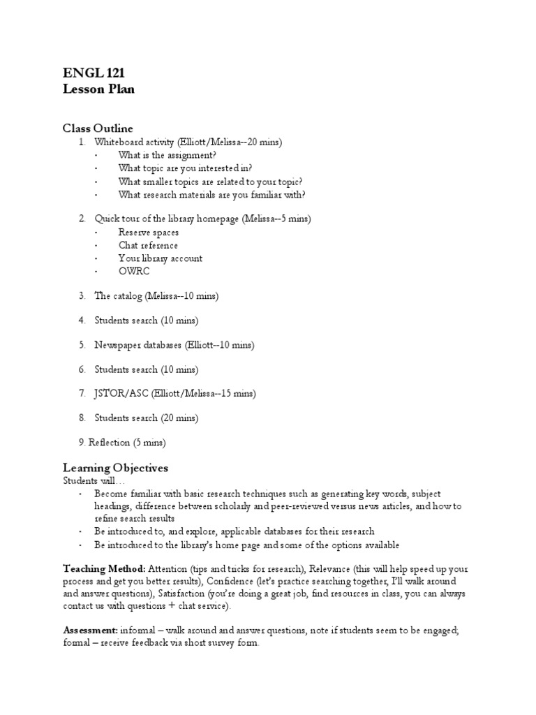 Engl 121 Lesson Plan Class Outline Download Free Pdf Homelessness Libraries 