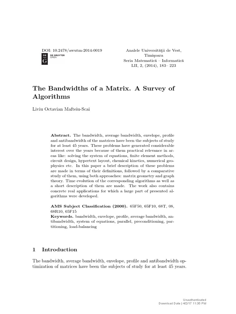The Bandwidths of A Matrix. A Survey of Algorithms | PDF ...