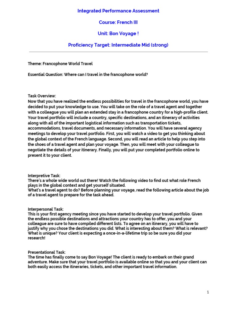 Integrated Performance Assessment Course: French III Unit: Bon Voyage ...