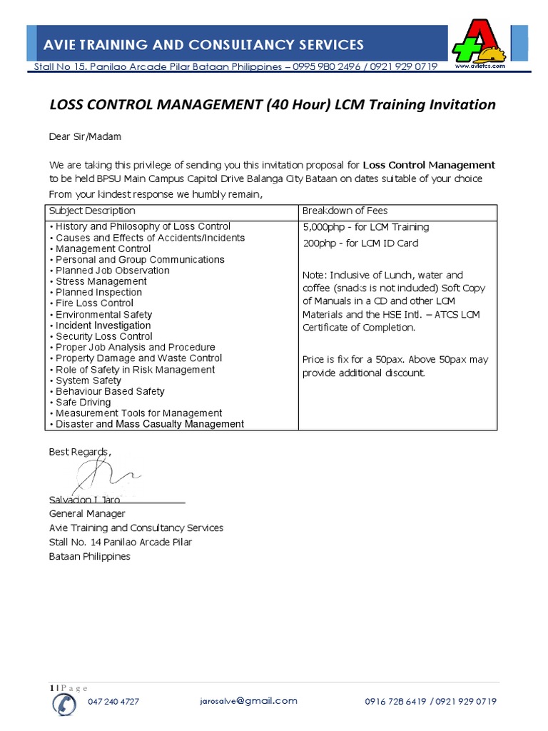 LOSS CONTROL MANAGEMENT (40 Hour) LCM Training Invitation: Avie ...