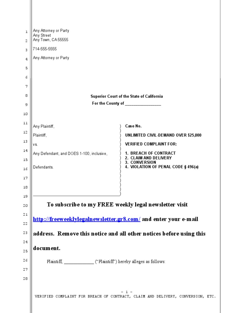 Sample Complaint For Claim and Delivery in California | Conversion (Law ...