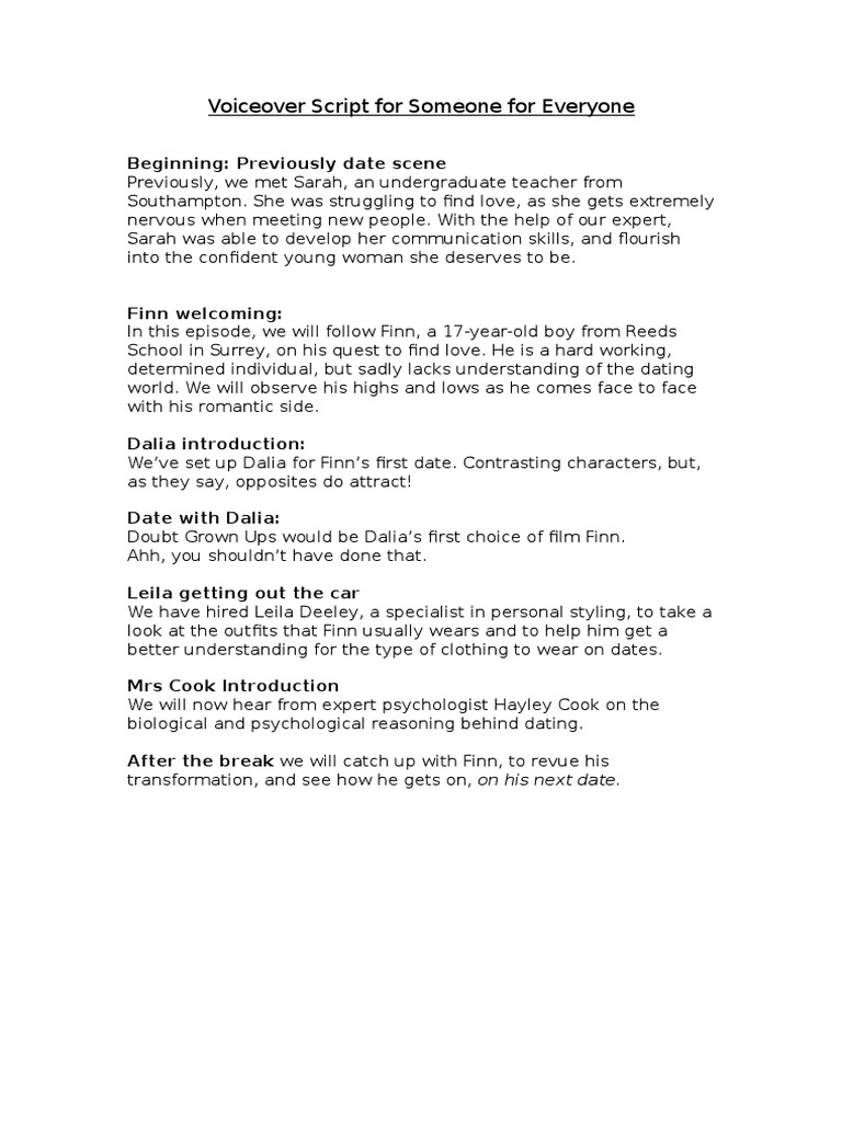 Voiceover Script For Someone For Everyone: Beginning: Previously Date ...