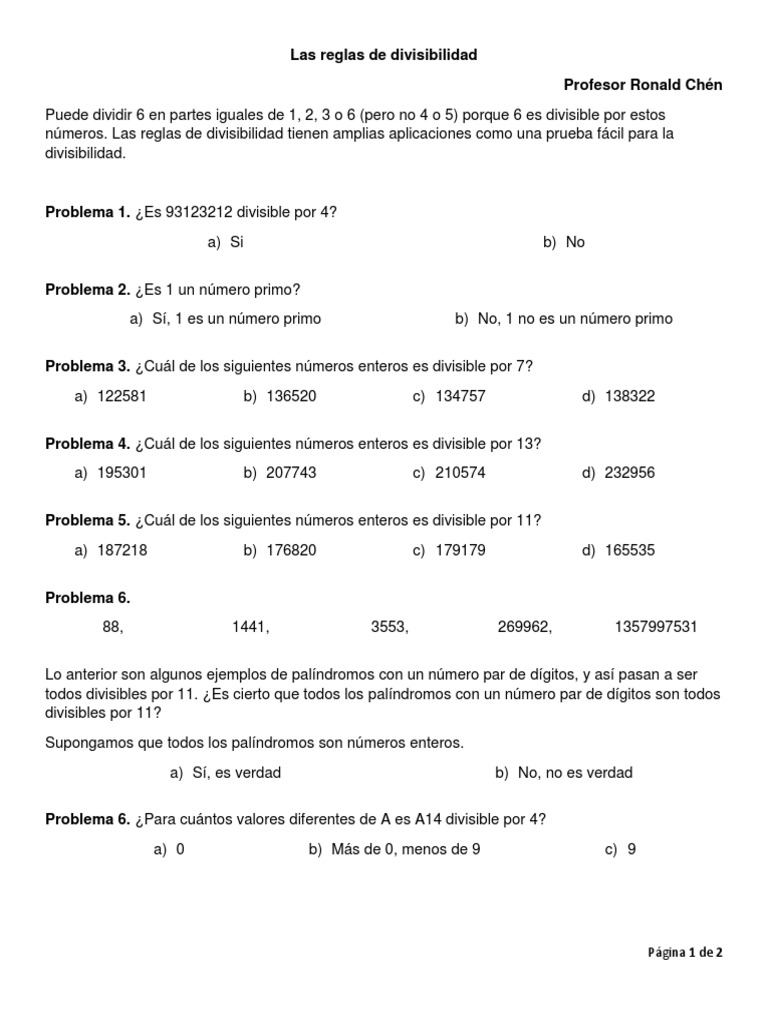 Reglas de Divisibilidad y Ejercicios | PDF | Entero | Números