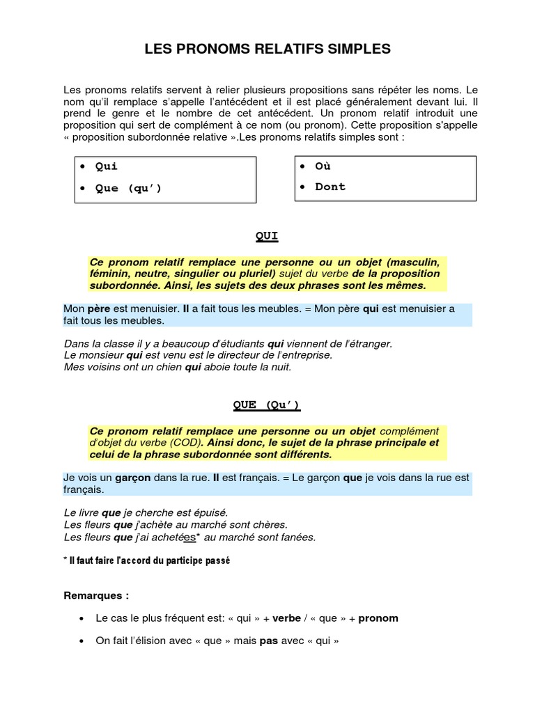 Pronoms relatifs simples en français | PDF | Clause | Pronom