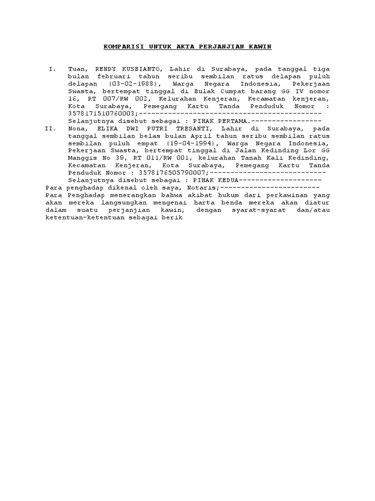 Komparisi Akta Perjanjian Kawin | PDF | Hukum