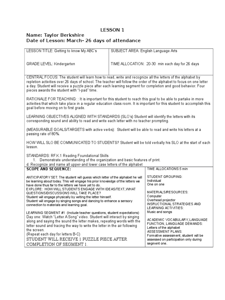 Lesson 1 Ed Tpa | PDF | Letter Case | Literacy