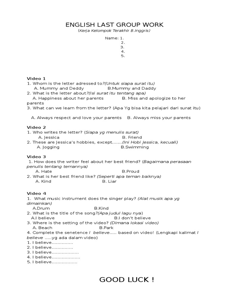 English Last Group Work: Good Luck ! | PDF