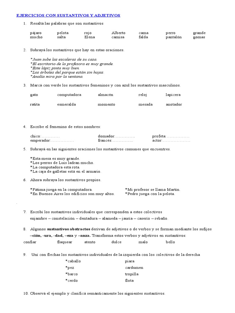 Ejercicios Con Sustantivos y Adjetivos | PDF | Adjetivo | Sustantivo