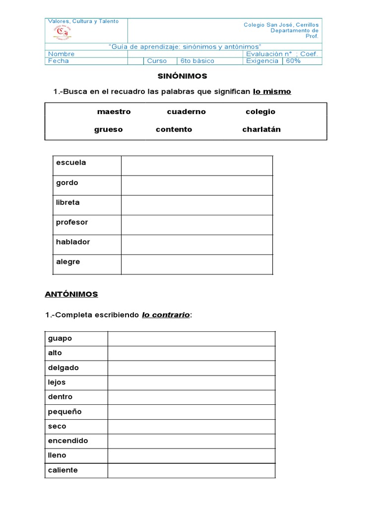 4 Sinonimos y Antonimos Sexto | PDF | Diccionario