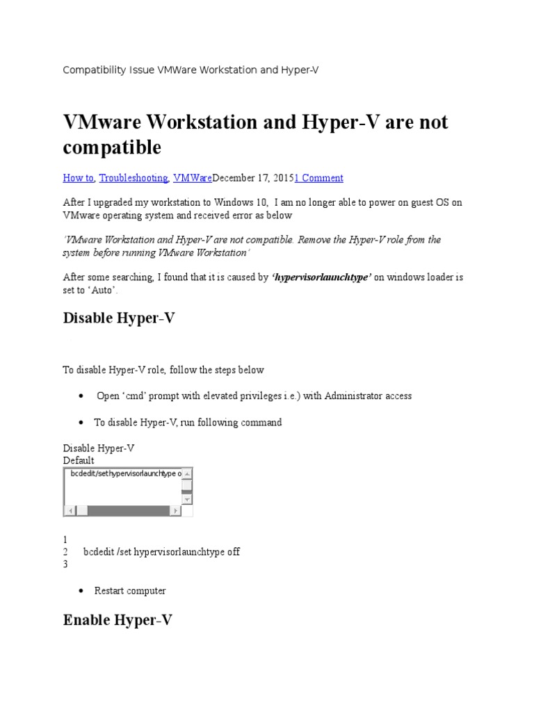 Compatibility Issue VMWare Workstation and Hyper | PDF | Computers