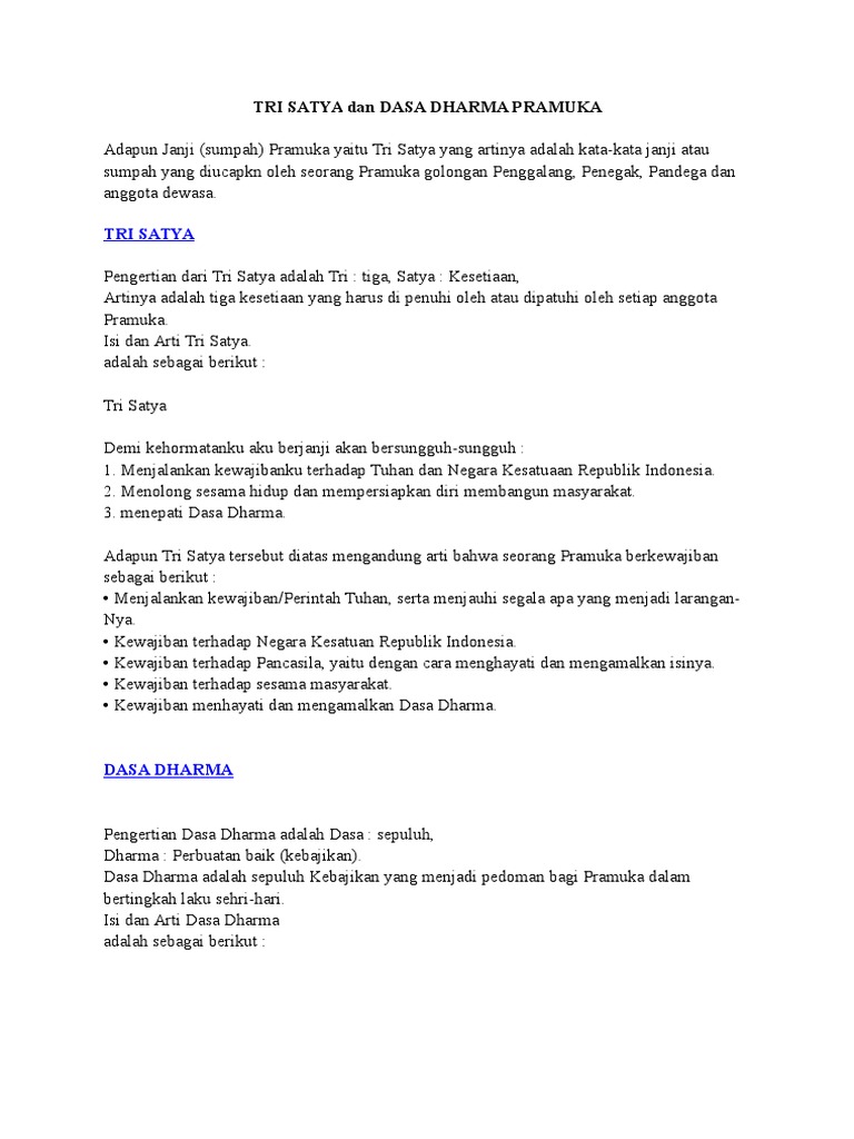Tri Satya Dan Dasa Dharma Pramuka | PDF