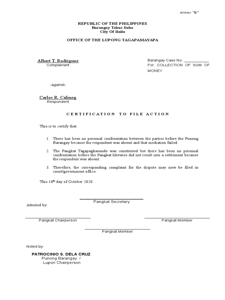 Certificate To File Action From The Barangay Sample | PDF | Social Science