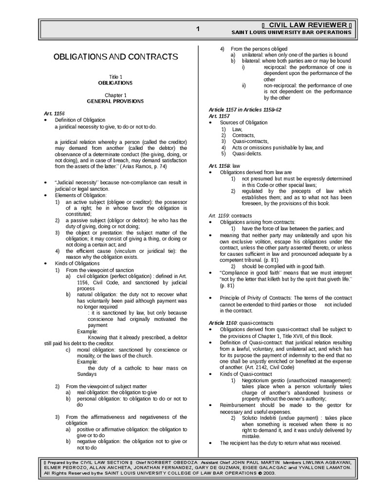 An Overview of Obligations and Contracts Under Philippine Civil Law | PDF