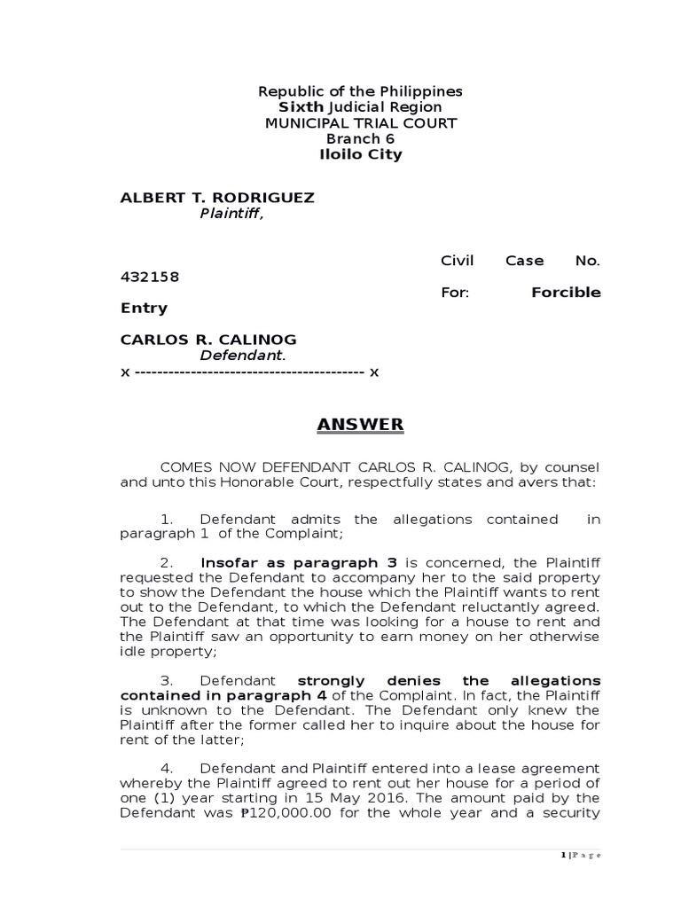 Answer Forcible Entry Sample | Eviction | Lawsuit