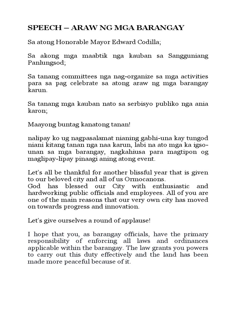 Speech - Araw NG Mga Barangay | PDF