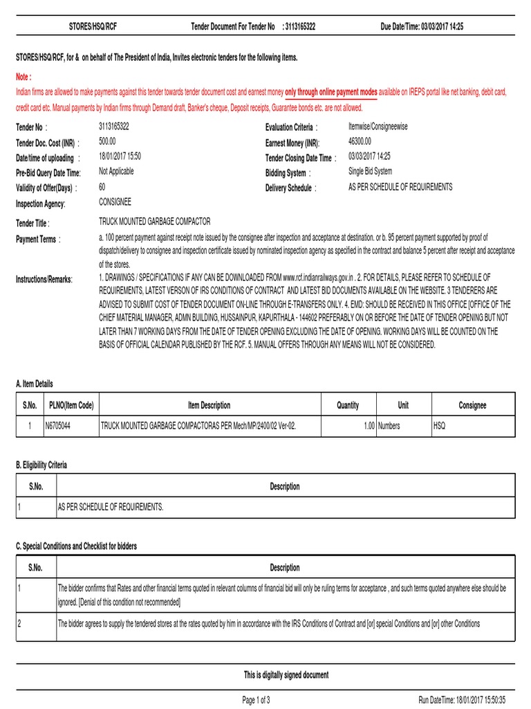 IREPS Tender Notification | Payments | Cheque
