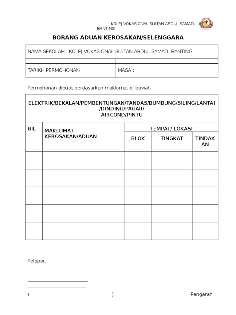 Borang Aduan Kerosakan | PDF