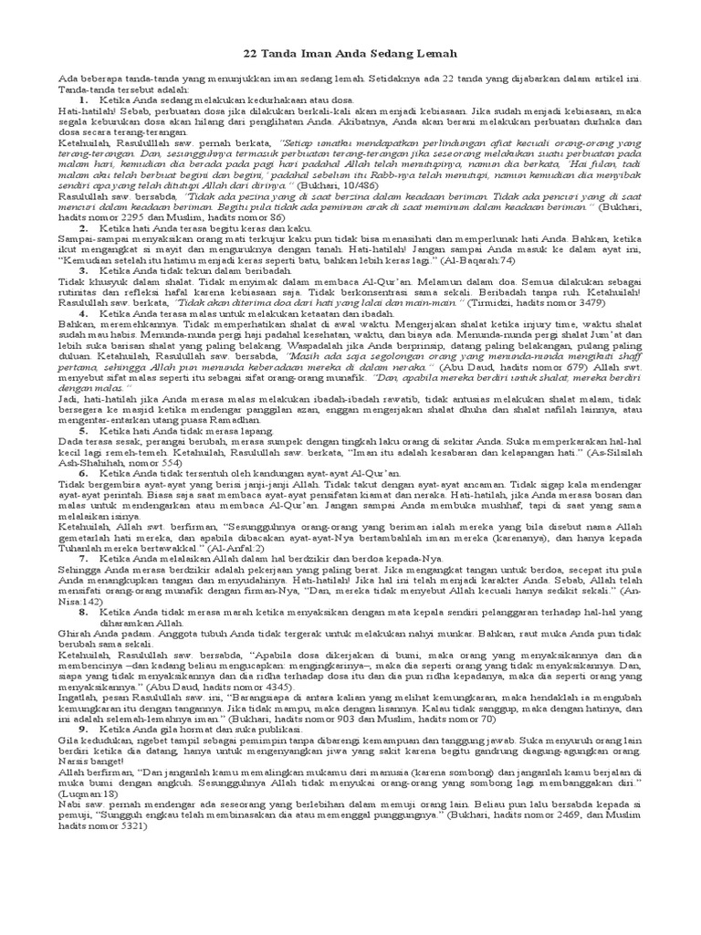 22 Tanda Iman yang Lemah dan Bahayanya | PDF