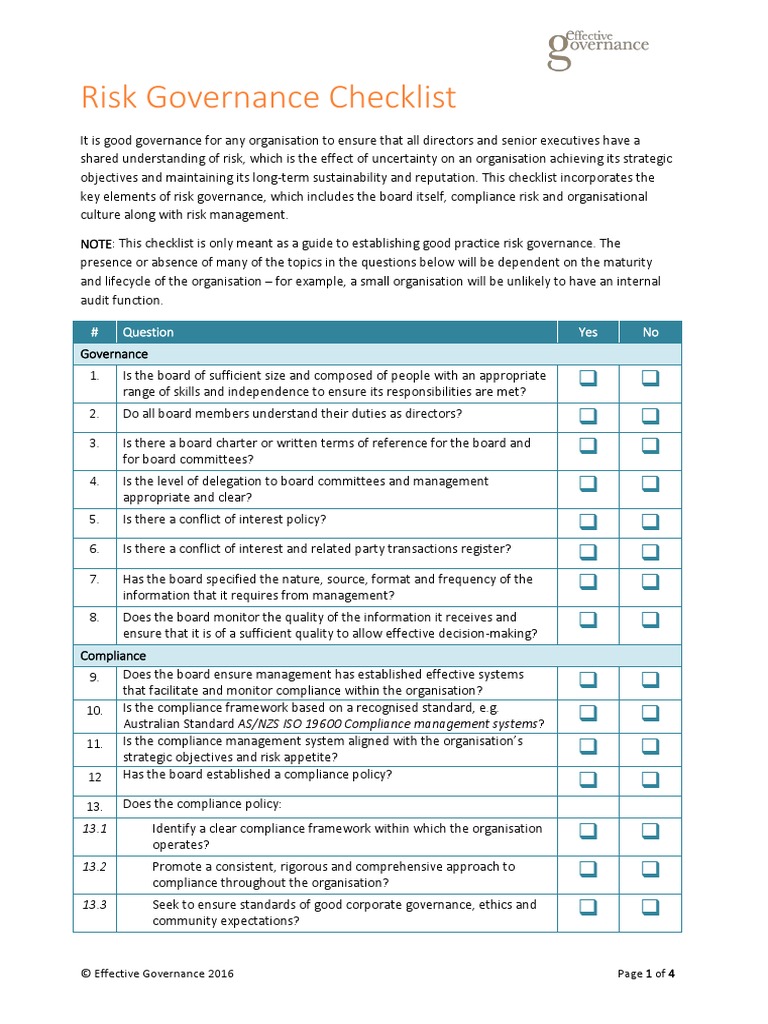 Risk Governance Checklist v1.0 2aug16 | PDF | Risk Management | Governance