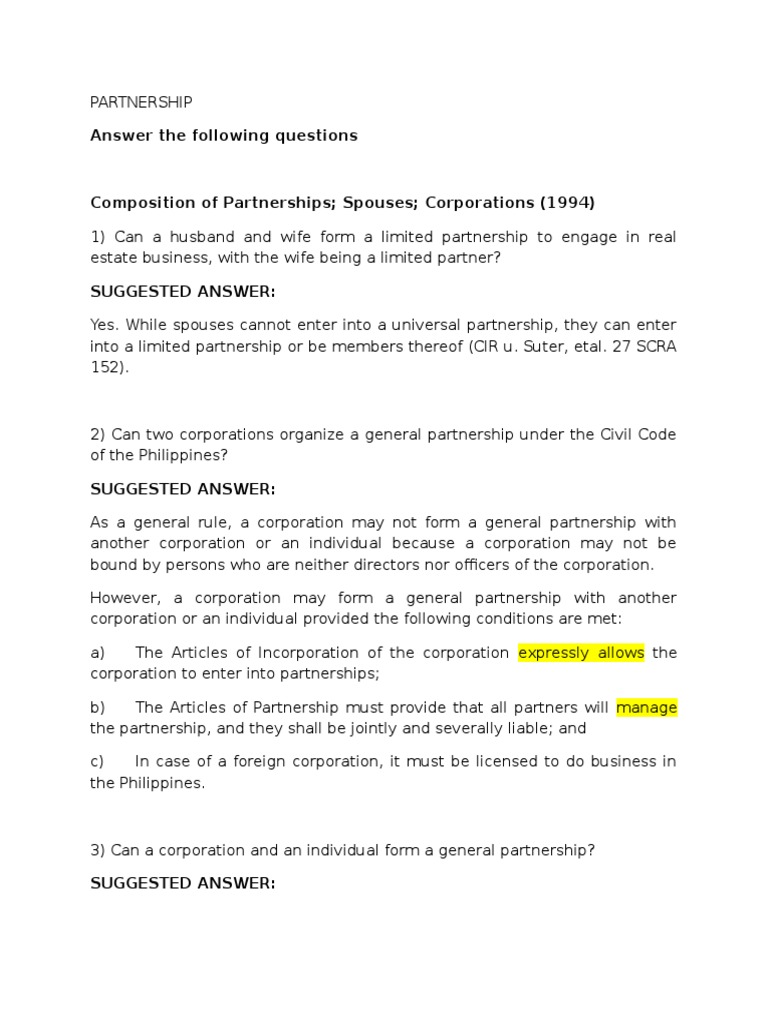 Partnership Law: Key Questions & Answers | PDF | General Partnership ...