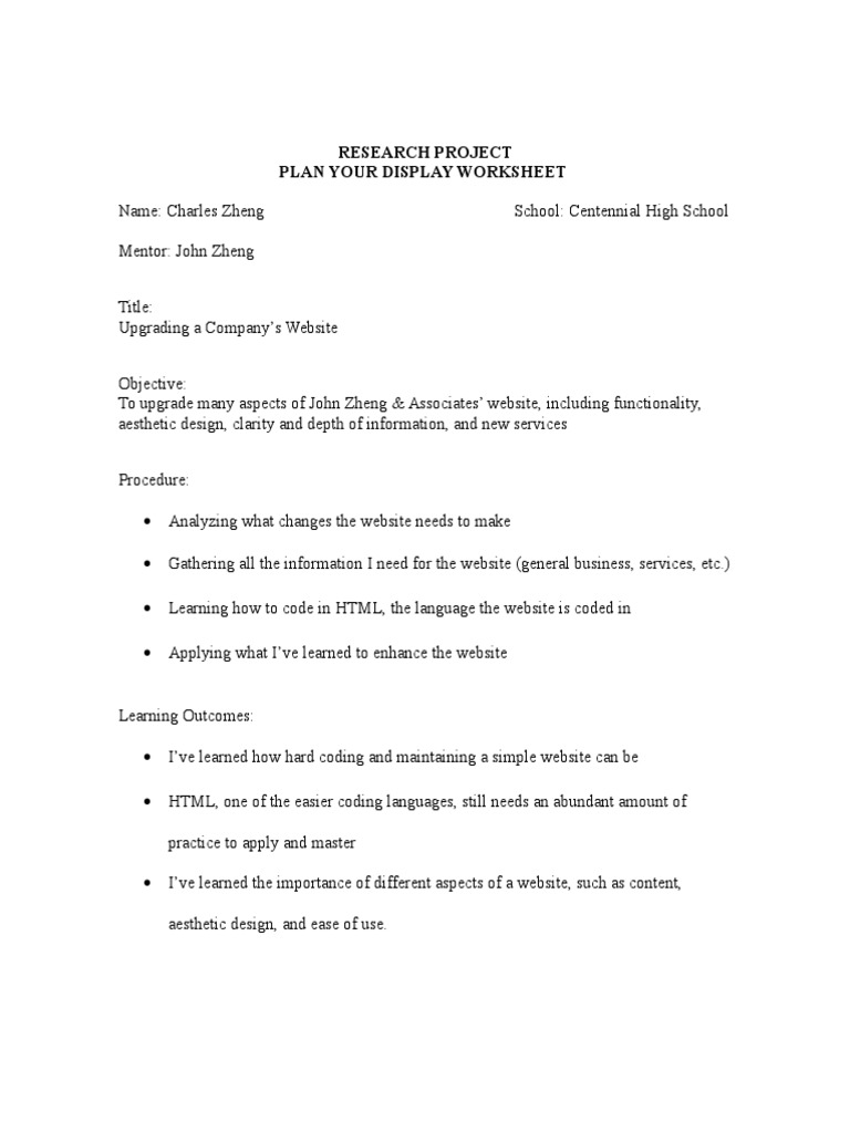Research Project Plan Your Display Worksheet | PDF