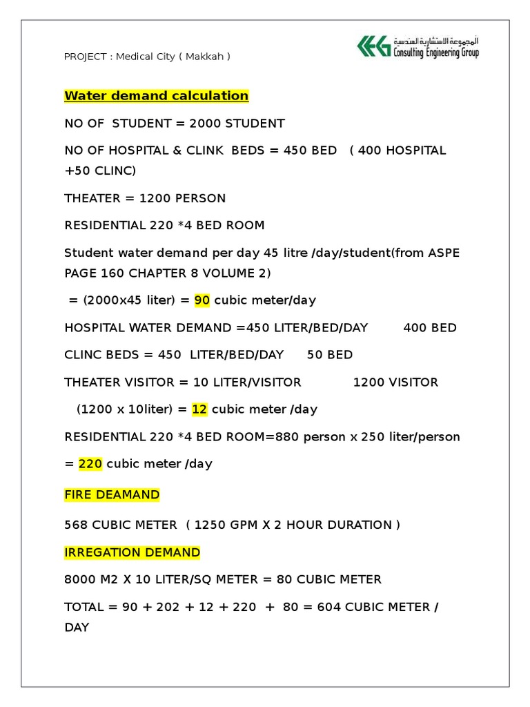 Water Demand Calculation: PROJECT: Medical City (Makkah) | PDF | Toilet ...