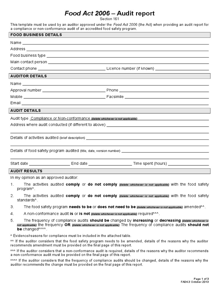 Food Auditors Report Template | PDF | Auditor's Report | Audit