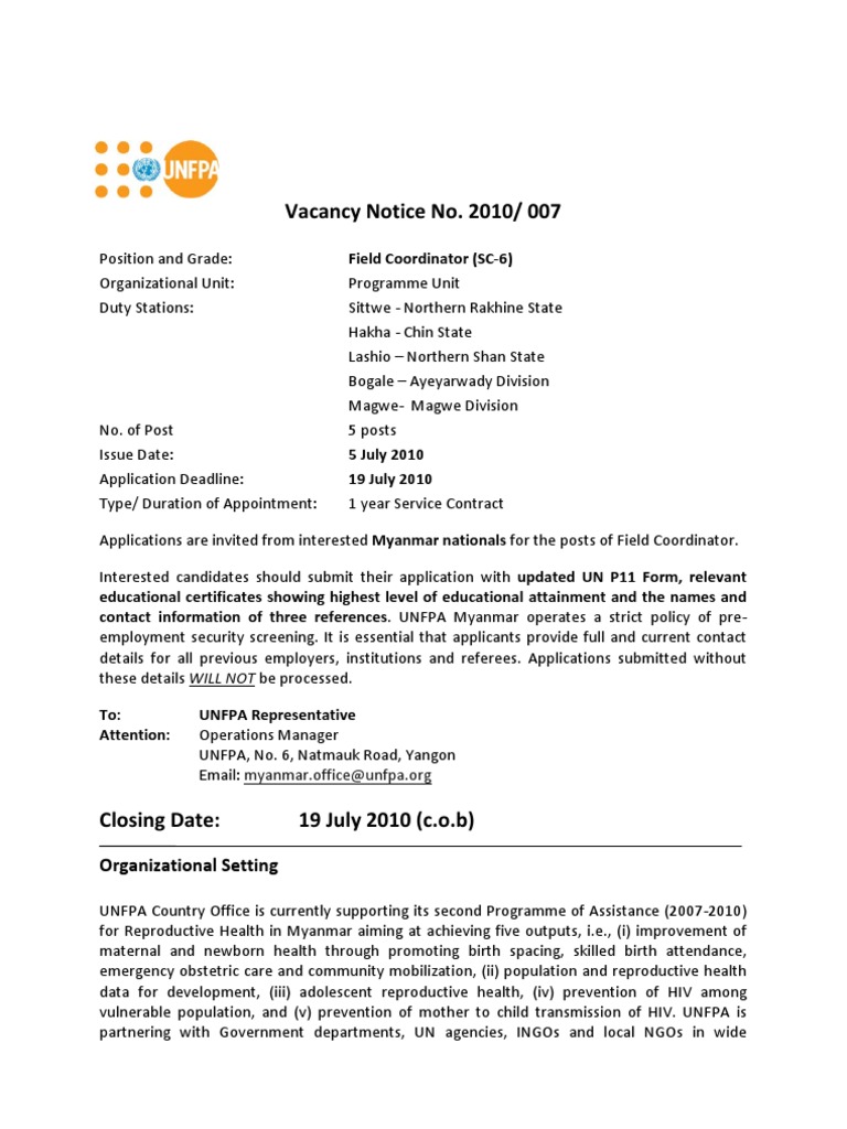 Field Coordinator - SC-6 (UNFPA) - 19 July 2010 | PDF | Reproductive ...