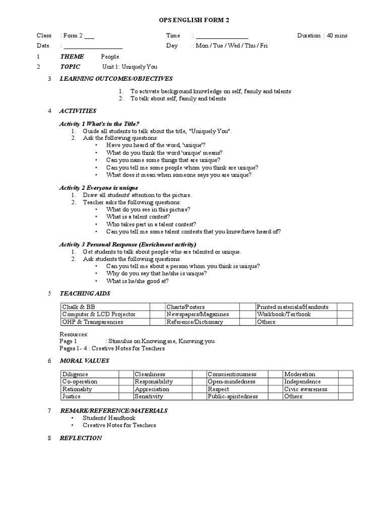 Ops English Form 2-Lesson Plan-Unit1 | PDF | Teachers | Psychological ...
