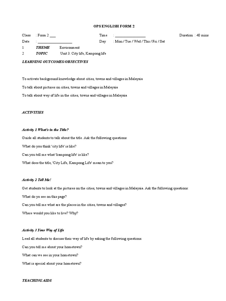 Ops English Form 2 Lesson Plan Unit3 Pdf
