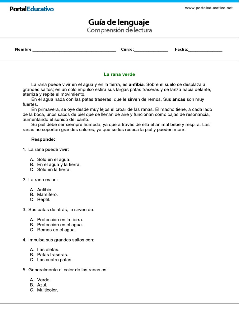 Comprension de Lectura La Rana Verde | PDF