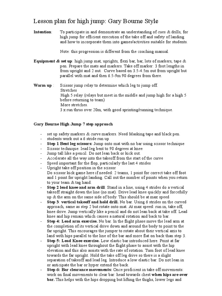 High Jump Lesson Plan: Gary Bourne Style | PDF | Sports & Recreation