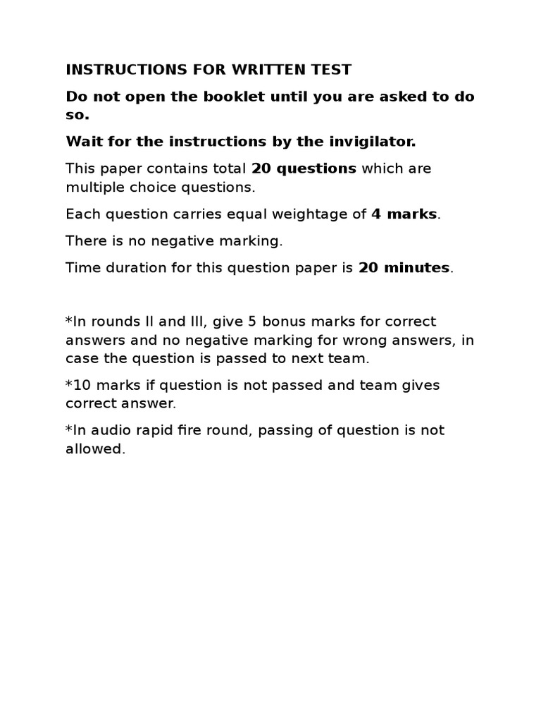 Instructions For Written Test Do Not Open The Booklet Until You Are ...