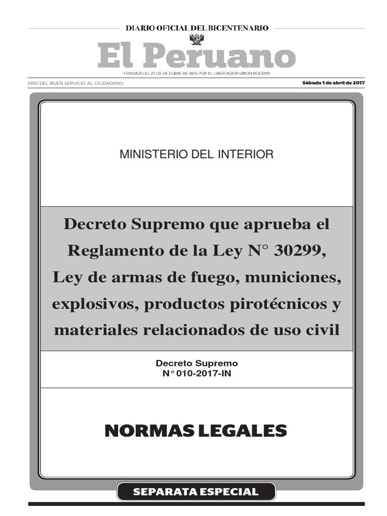 Decreto Supremo Que Aprueba El Reglamento de La Ley #30299 Ley de Armas de Fuego Municiones ...