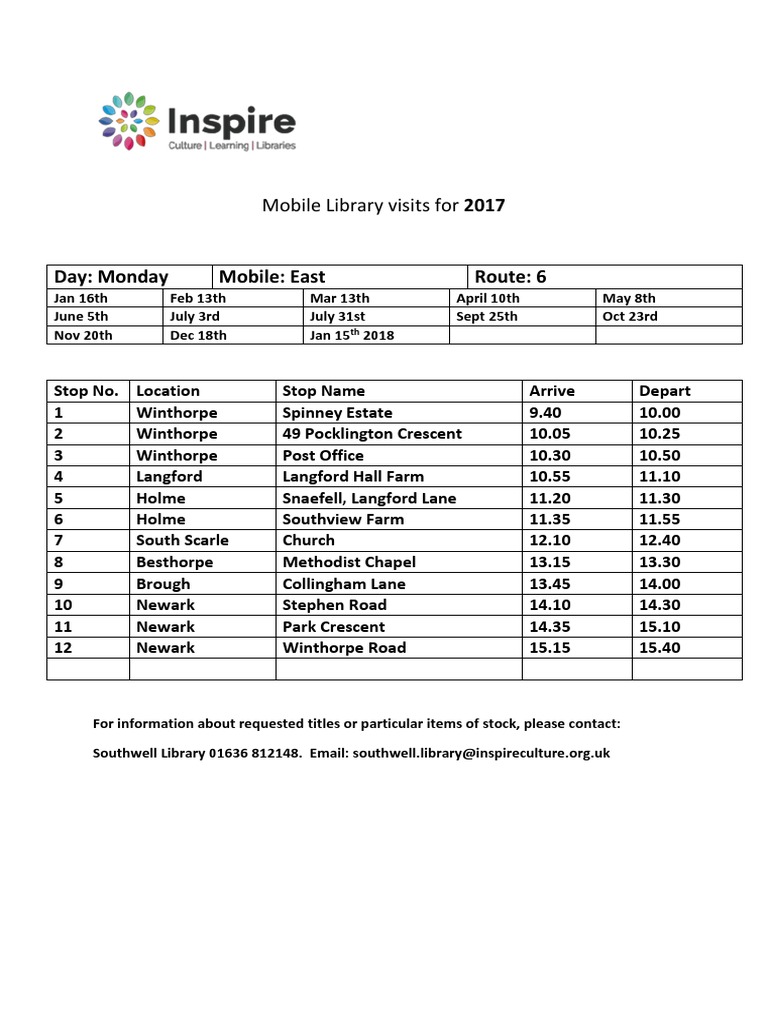 Mobile Library Timetable 2017 | PDF