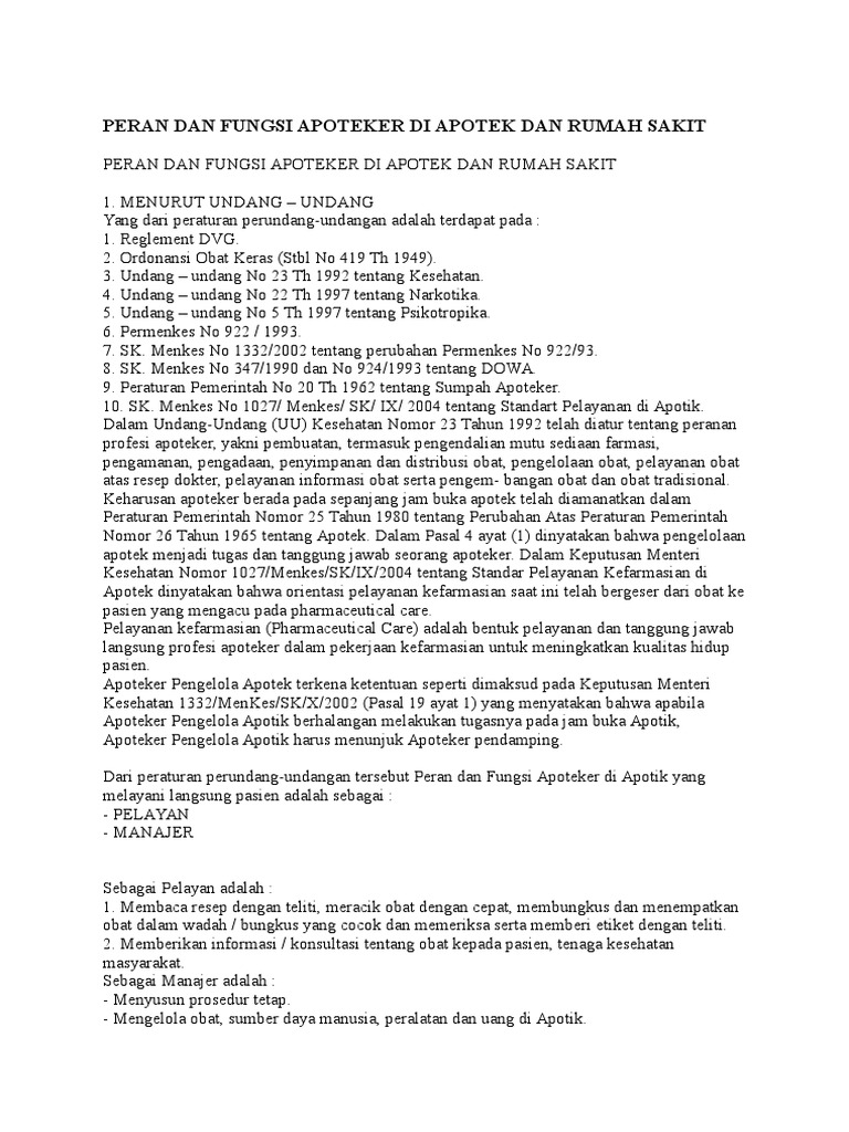 Peran Dan Fungsi Apoteker Di Apotek Dan Rumah Sakit Pdf