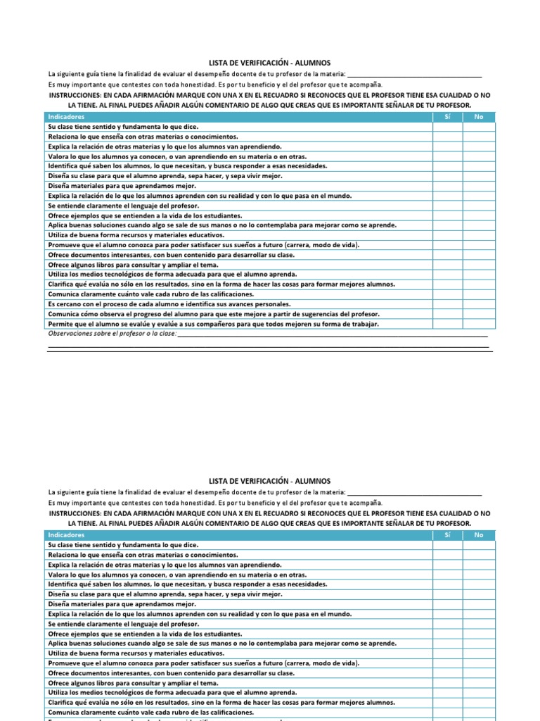 Lista de Verificación - Alumnos | PDF | Maestros | Cognición