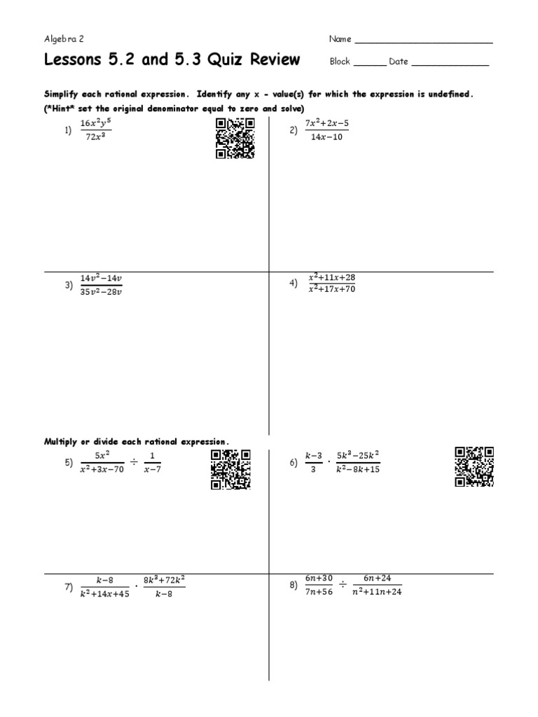 Algebra 2 Rational Expressions Quiz Review | PDF