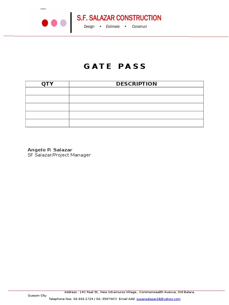 Gate Pass Format Pdf