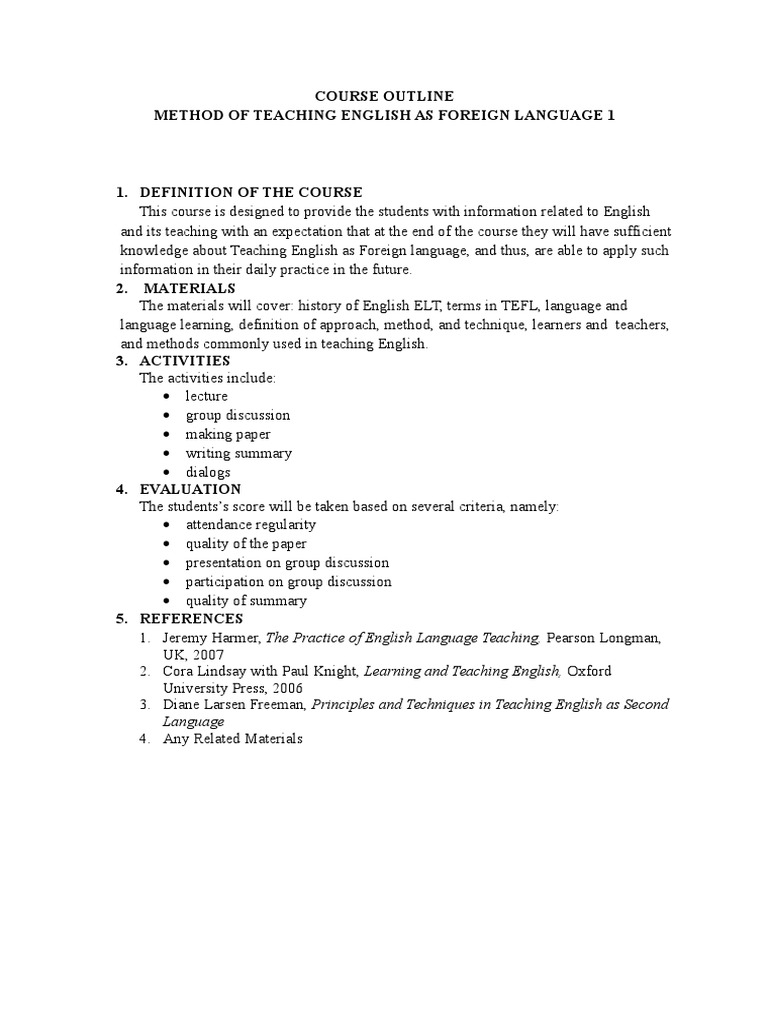 TEFL Course Outline for English Language Teaching Methods | PDF ...