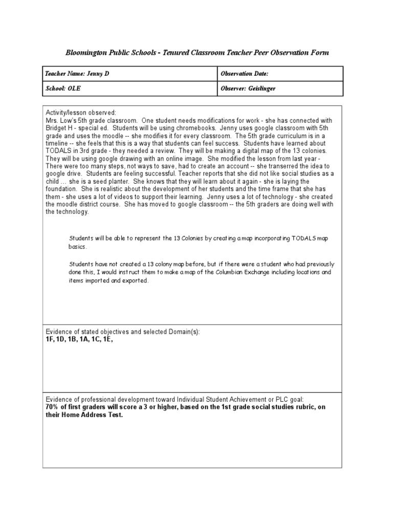 Bloomington Public Schools - Tenured Classroom Teacher Peer Observation ...