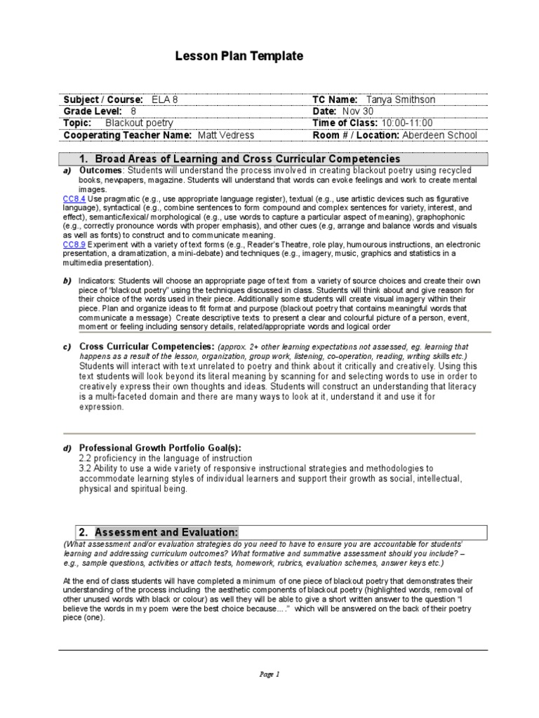 Blackout Poetry Ela 8 Lesson Plan | Download Free PDF | Educational ...