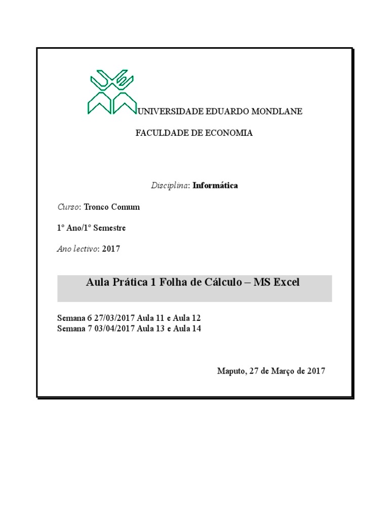 Aula Pratica 1 - Excel | PDF