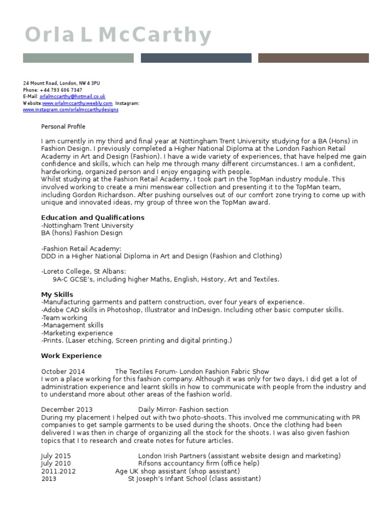 Orla Mccarthy CV April 17 | PDF | Fashion | Retail