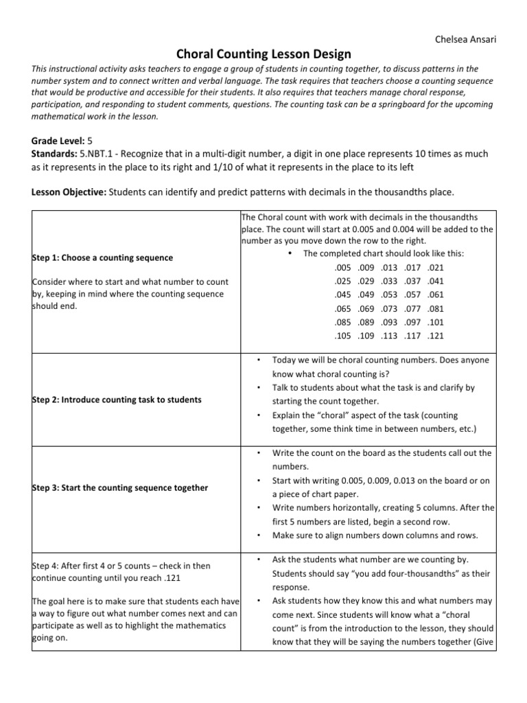 Choral Counting with Decimals Lesson | PDF | Numbers | Cognitive Science