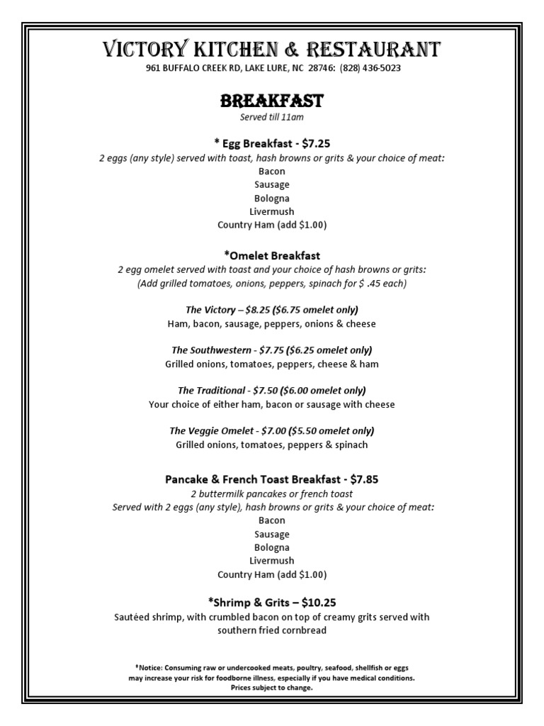 Victory Kitchen & Restaurant Breakfast Menu | PDF | Sausage | Bacon
