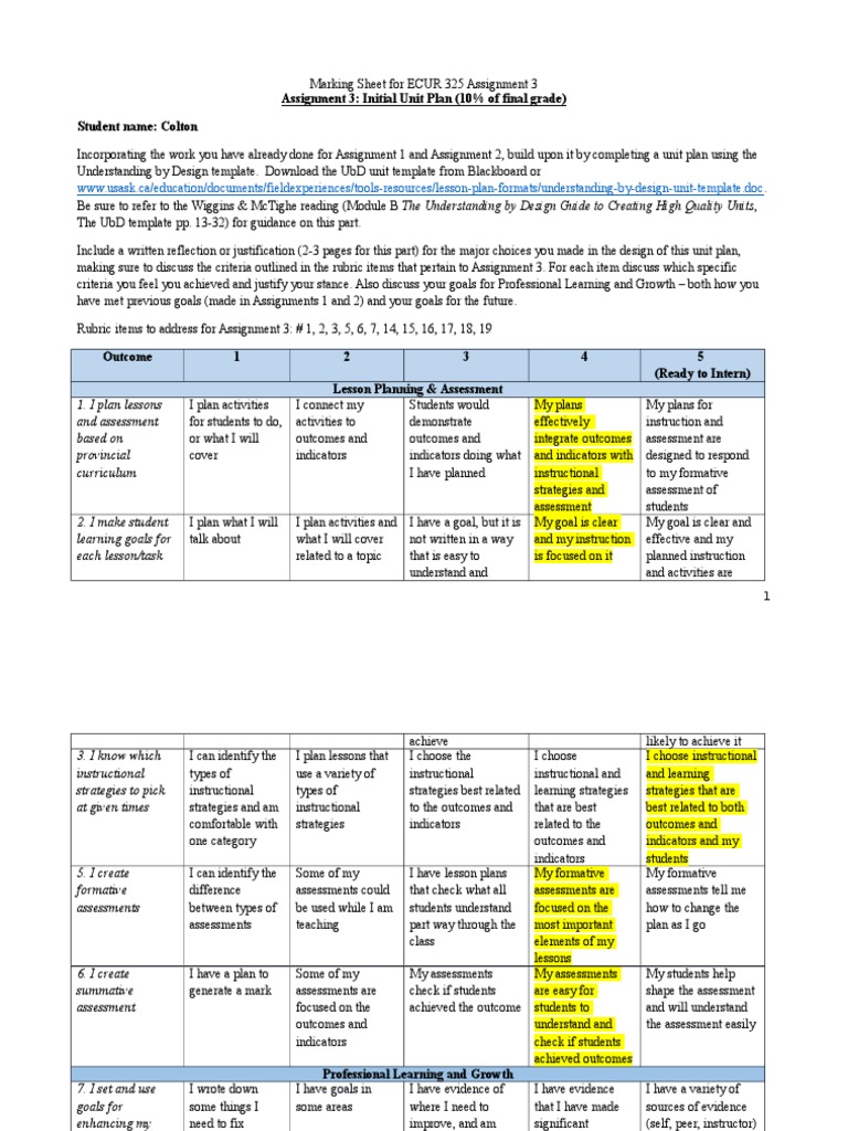 Marking Sheet For Assignment 3 - Initial Unit Plan Colton | PDF ...