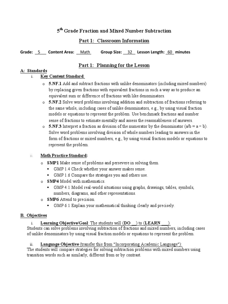 5th Grade Fraction and Mixed Number Subtraction Math Lesson Plan 1-23 ...