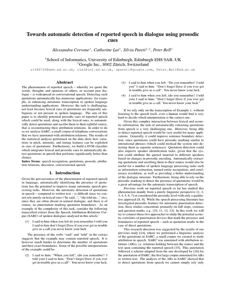 Automatic Detection of Reported Speech in Dialogue Using Prosodic Cues | PDF | Communication ...